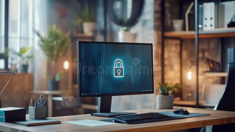 Secure Office Environment Featuring Desktop Computer with Prominent ...