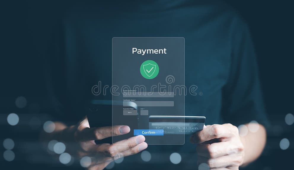 Secure Online Payment Transaction Process Concept. Person Confirming a Secure Online Payment ...
