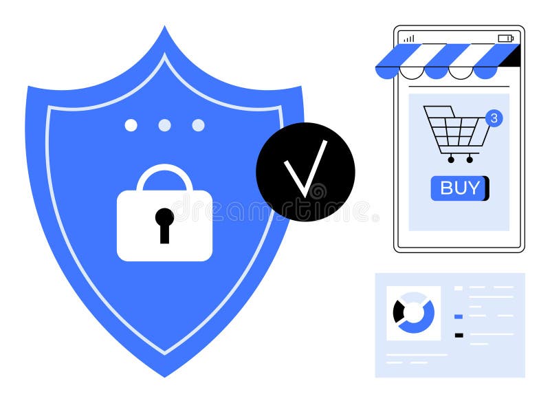 Secure Online Shopping Concept with Lock, Checkmark, and Shopping Cart ...