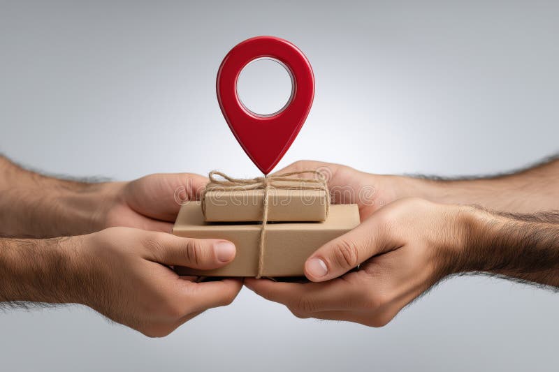 Secure Package Delivery Location Tracking Hands Gift Boxes Red Pinpoint ...