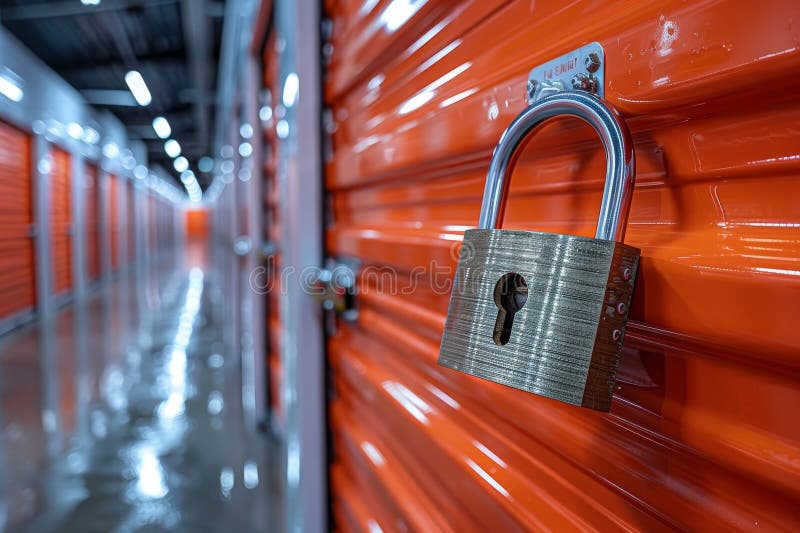 Secure Padlock on Bright Orange Self Storage Unit Door Highlighting ...