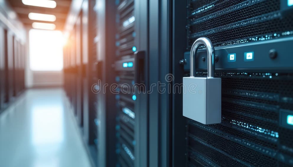 Secure Padlock on Digital Data Storage Facility Server. Modern Data ...