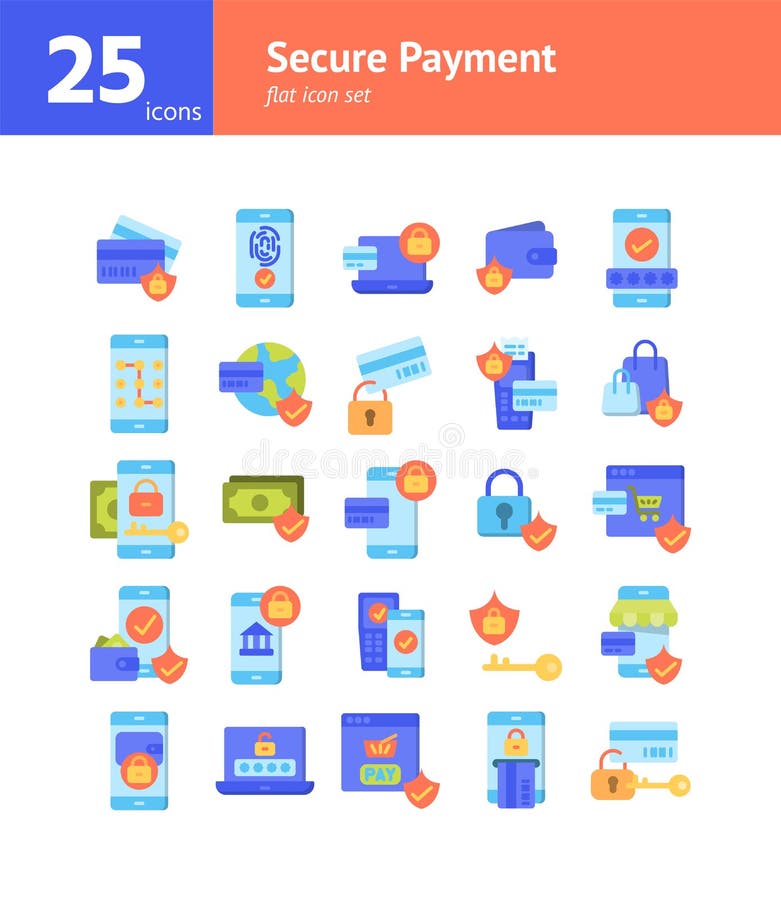 Secure Payment Flat Icon Set. Stock Vector - Illustration of banknote ...
