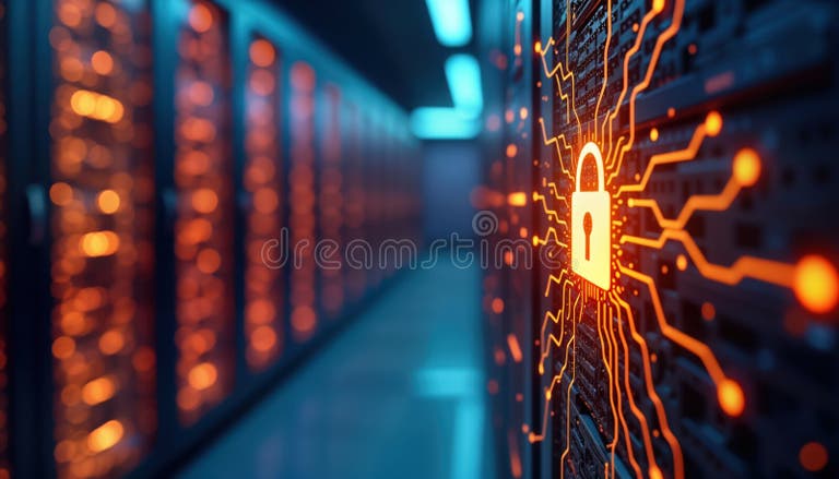 Secure Server Room with Glowing Network Firewall. Cybersecurity Tech ...