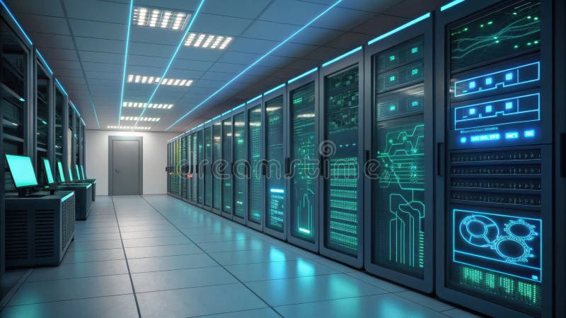 A Secure Server Room Highlighted with Glowing Circuits Emphasizing the ...