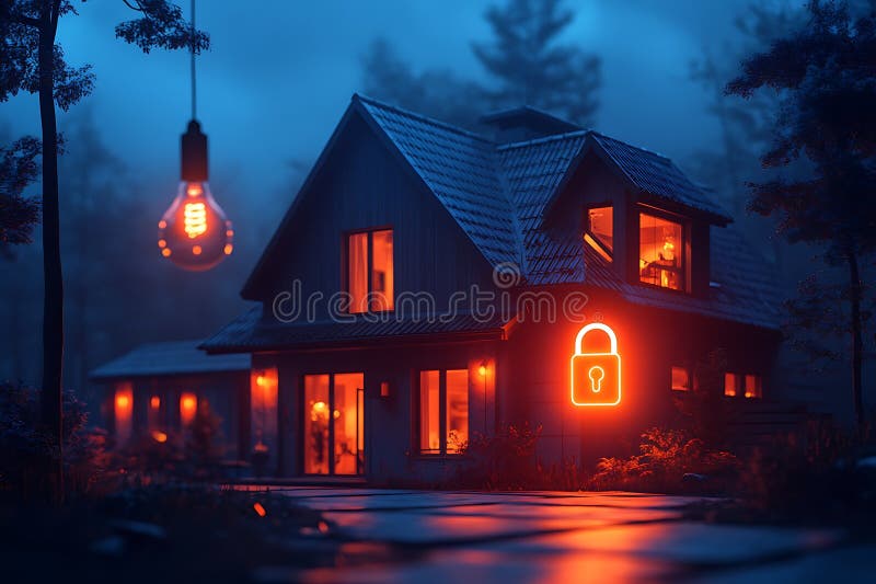 Secure Smart Home Concept with Glowing Padlock at Night and Hanging ...