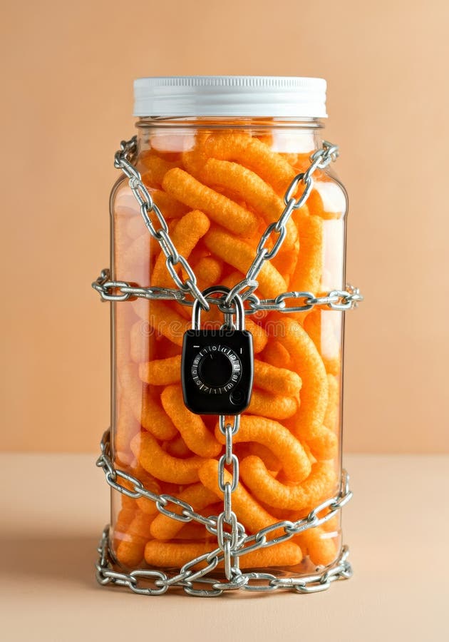 Secure Snack: Cheetos in a Locked Jar with Chains and Padlock on Beige ...