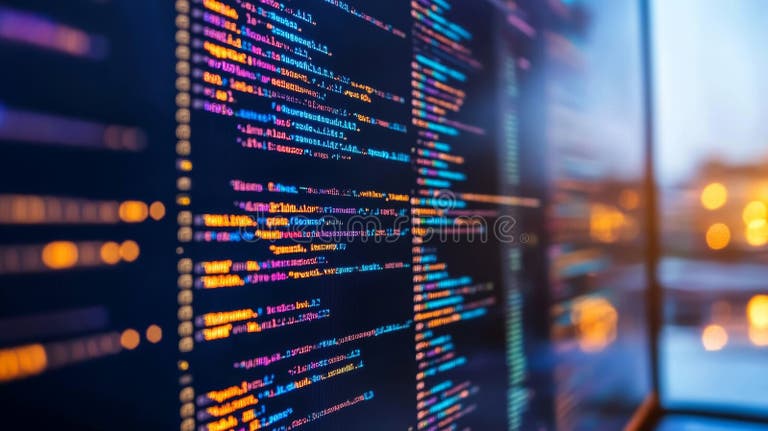 Secure Software Development Code Displayed on a Monitor in a Blurry Office Environment Stock ...