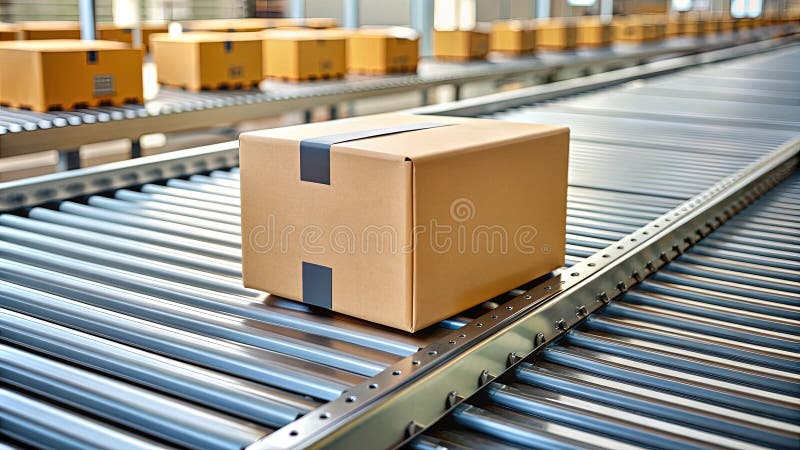 Secure and Swift Parcel Delivery a Cardboard Box on a Conveyor Belt ...