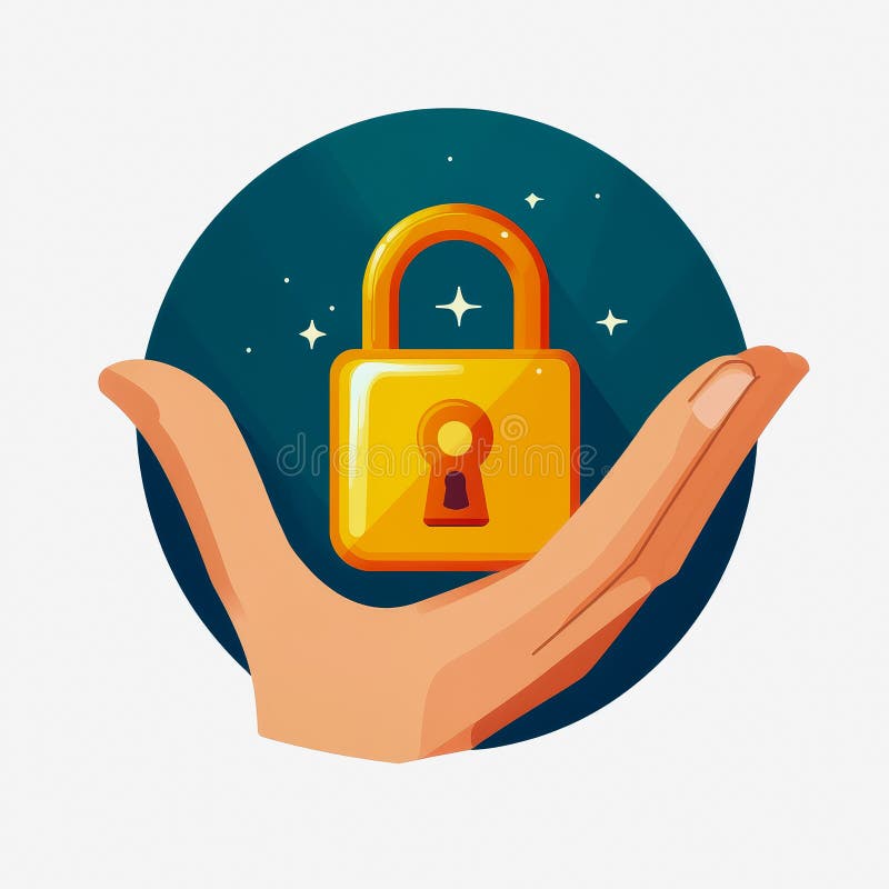 Secure Transaction Flat Icon Hand Holding a Lock with Star Background ...