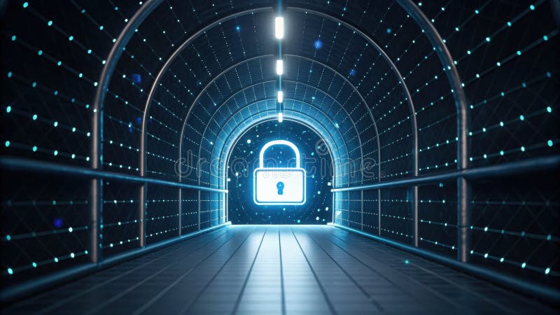 Secure Tunnel Depicting a Lock and Data Packet Traveling through ...
