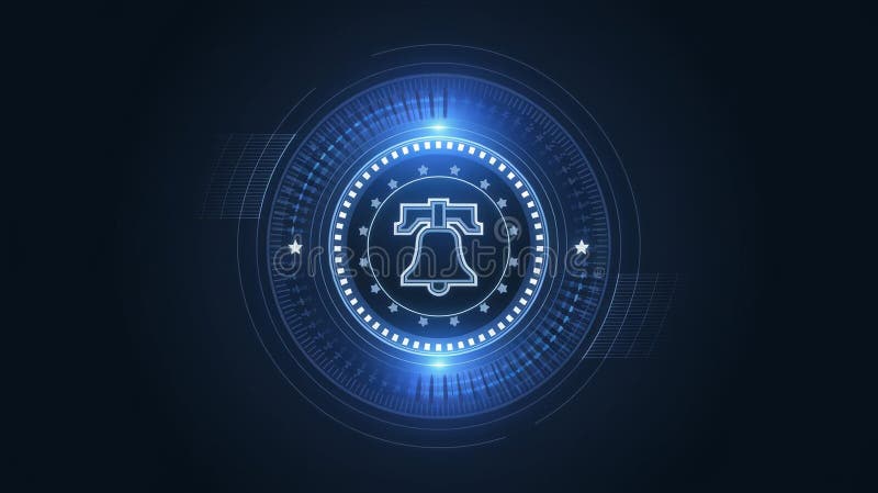 Secure US Digital Liberty Bell Icon in Futuristic Tech Glowing Blue ...