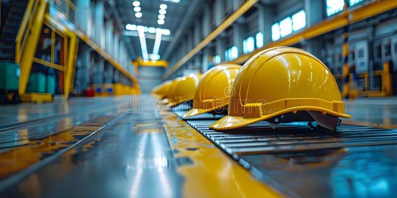 Secure Warehouse with Hardhats for Worker Safety in a Modern Production ...