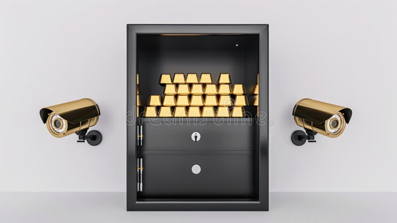 Secure Wealth: 3D Render of Gold Bars in Safe with Security Cameras on ...