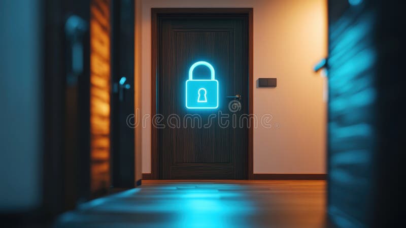 Secure Wooden Door with Neon Blue Lock Symbol, Modern Interior Setting ...