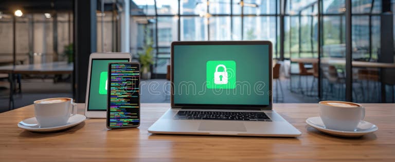 The Secure Workspace Featuring a Laptop, Tablet, and Smartphone in a ...