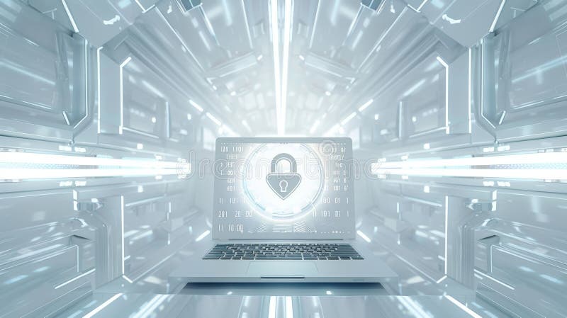 Secure Workspace with Laptop Lock Symbol in Binary Shield, Futuristic ...