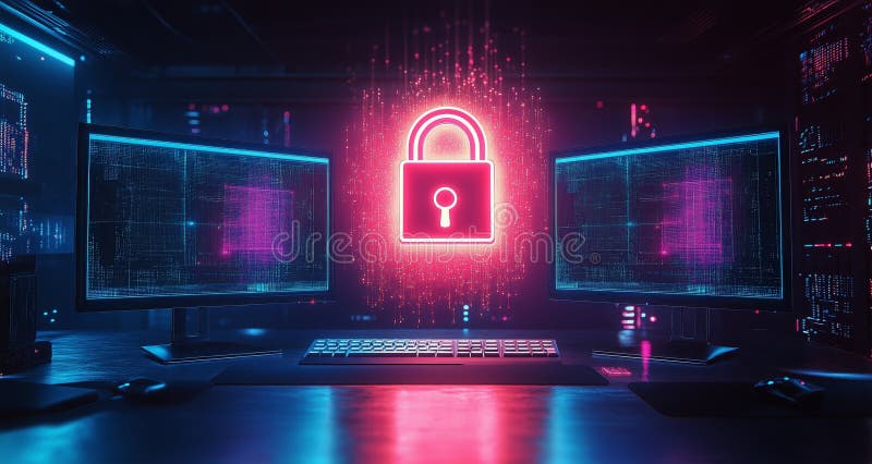 Secure Workspace with Multiple Monitors Illuminated in Vibrant Colors ...