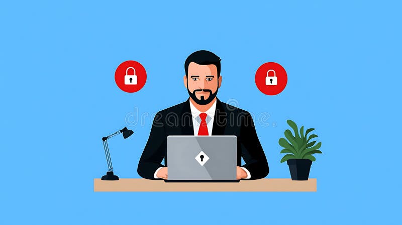 Secure Workspace with Professional Man at Laptop, Emphasizing ...