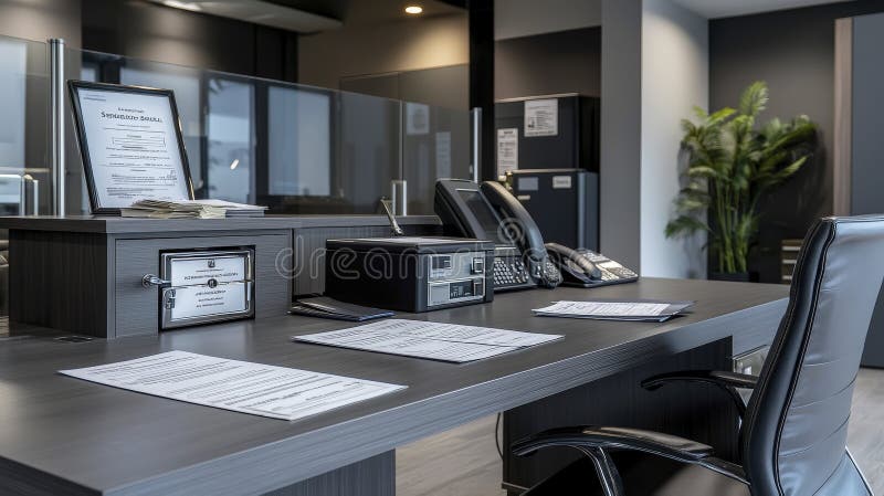 Secure Workspace Setup Desk with Deposit Forms and Safe Modern Office ...