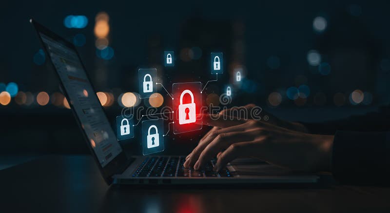 Secure Your Data: Nighttime Laptop Cybersecurity & Online Privacy Protection Stock Illustration ...