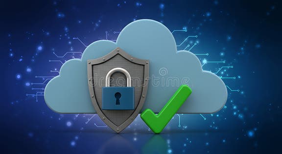 Secured Cloud Computing with Shield Lock and Check Mark Illustration ...