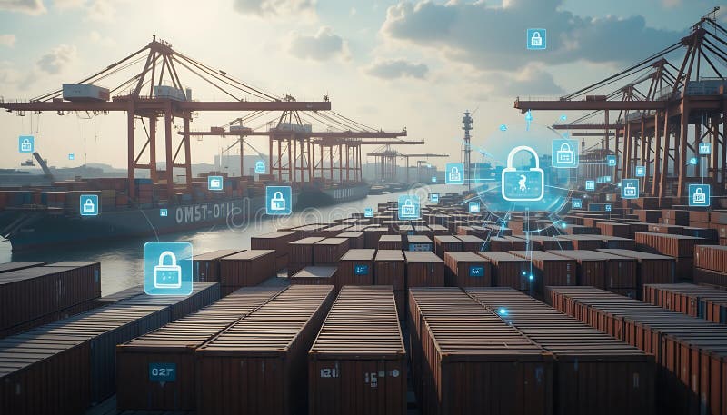 Secured Global Shipping Containers at Port with Data Encryption Stock ...
