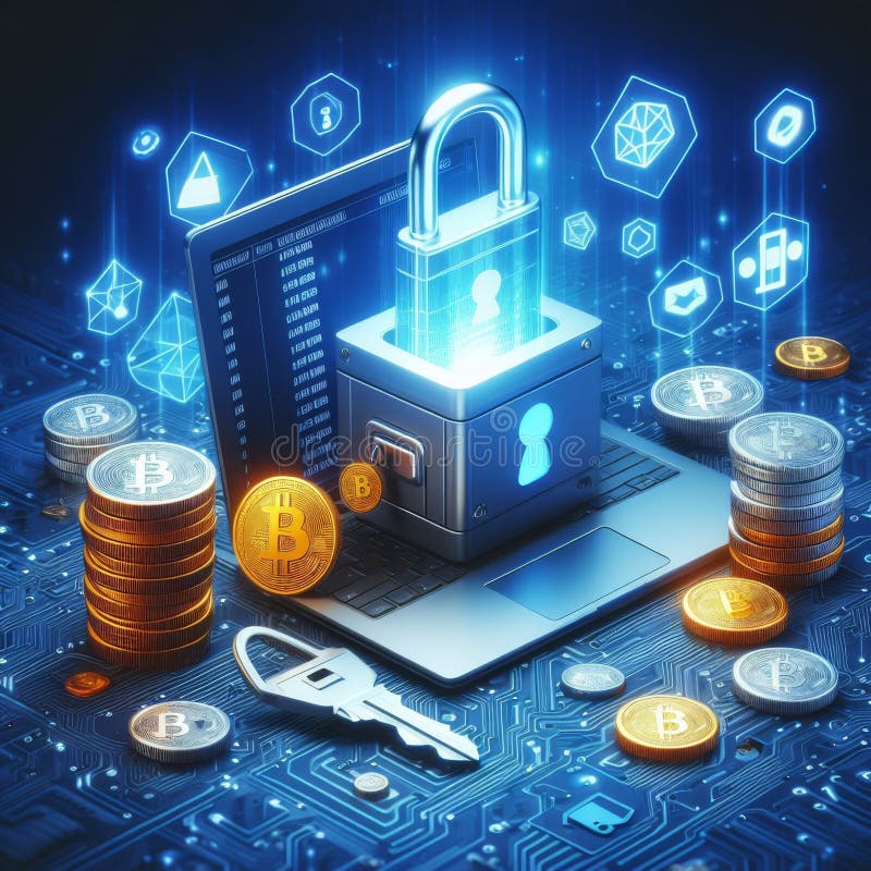 Secured Laptop with Bitcoin and Blockchain Elements Stock Photo - Image ...