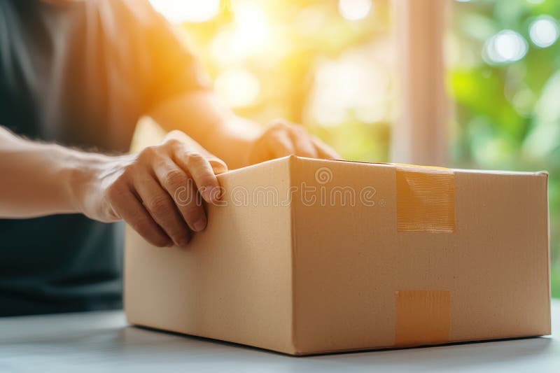 Securely Sealing Cardboard Box with Tape, Hands in Focus, Sunlight ...