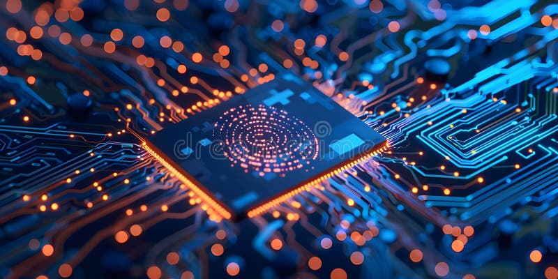Securing Future Technology: Blue Microchip with Fingerprint Symbolizing ...