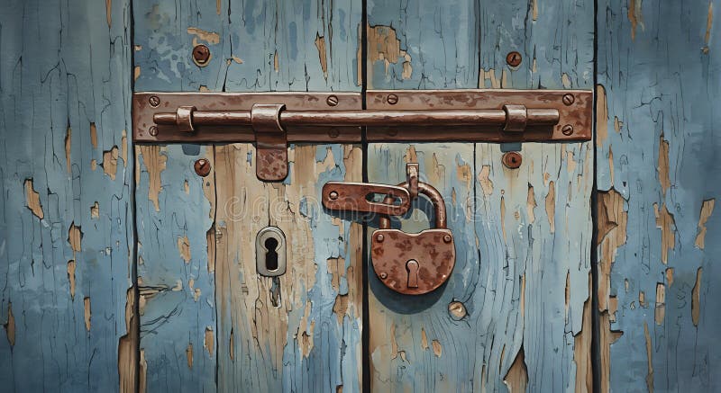 Securing Old Blue Door with Rusty Padlock and Latch Stock Illustration ...