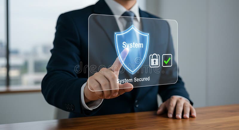 Securing System Access Businessman Touching Virtual Shield Data ...