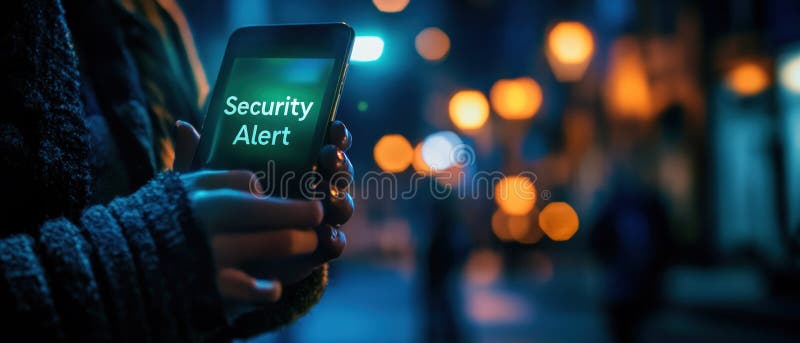 Security Alert Displayed on Mobile Phone in Dimly Lit Urban Setting ...