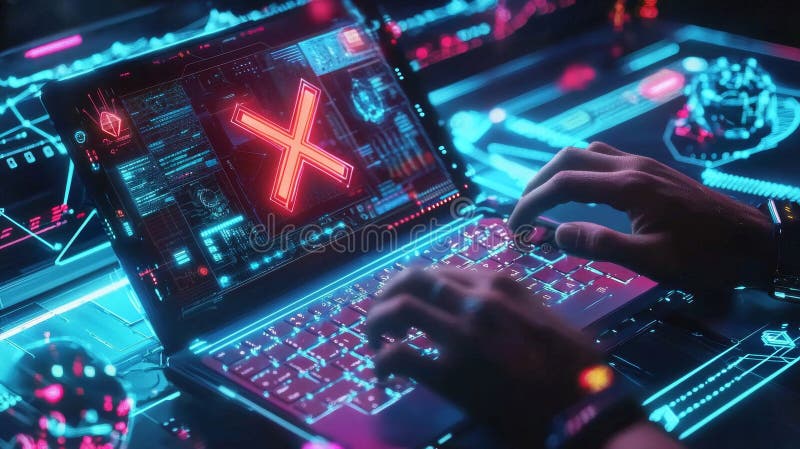 Security Alert on Laptop Used by Programmer with Caution Warning Sign ...