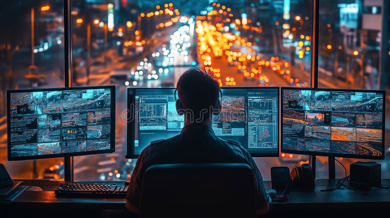 A Security Analyst Monitors Real-time Surveillance Footage and Data on ...