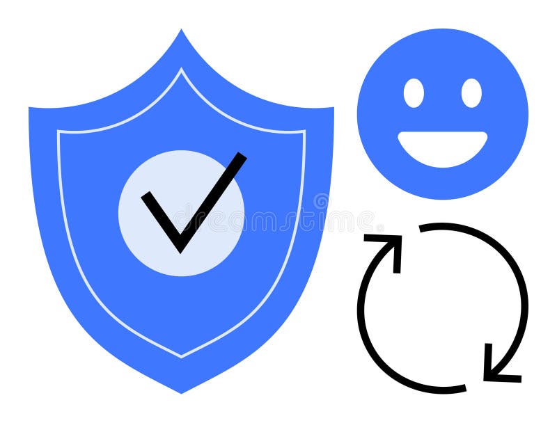 Security Badge with Checkmark, Happy Face, and Circular Arrow for Trust ...