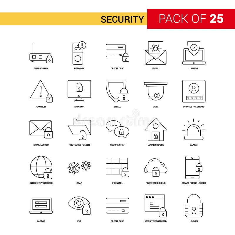 Security Black Line Icon - 25 Business Outline Icon Set Stock Vector ...