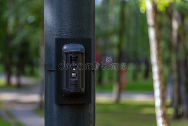 Security Call Button with Camera and Sensors on a Metal Pole Stock ...