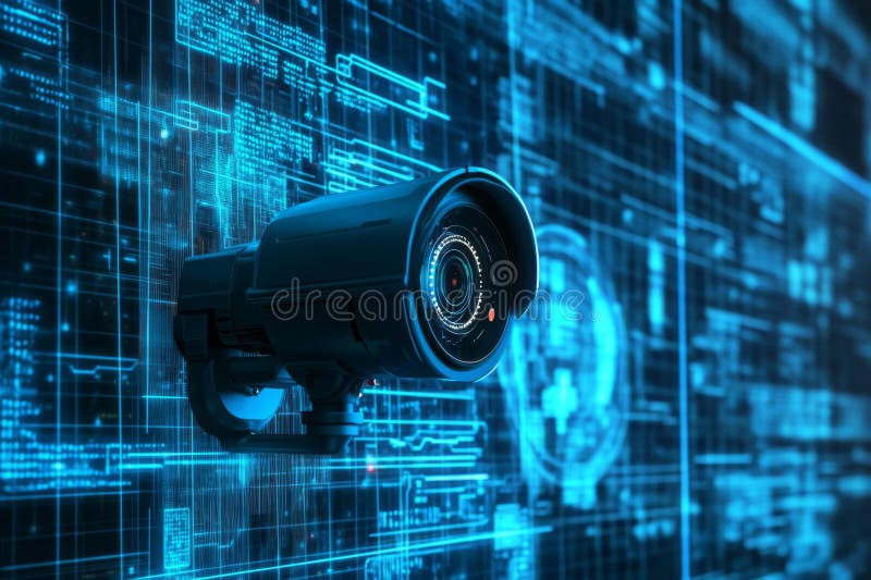 Security Camera Against a Blue Digital Pattern Background Stock ...