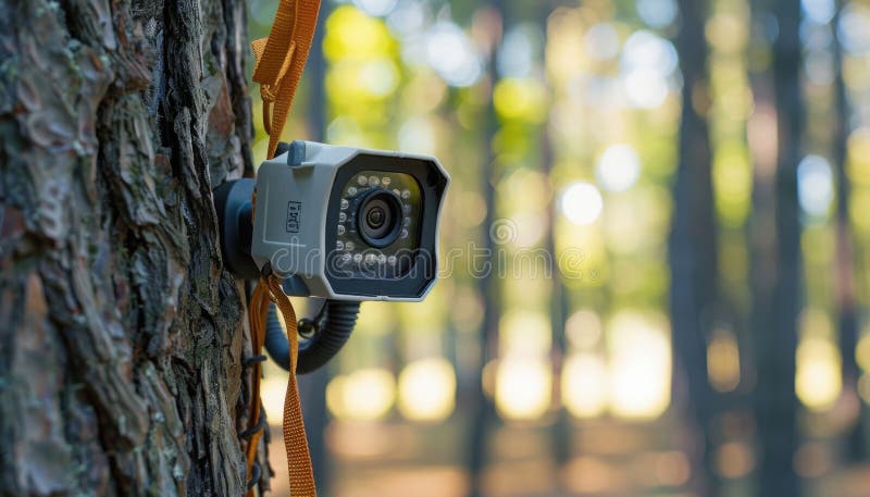 A Security Camera is Attached To a Tree in the Woods, Capturing the ...