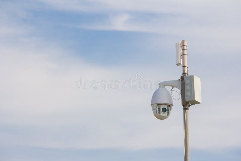Security Camera on a Blue Sky Background. Stock Image - Image of safety ...