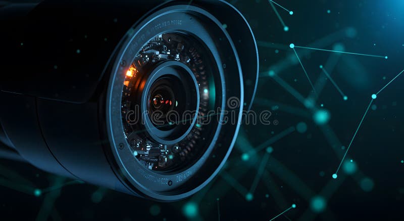 Security Camera Close-up with Abstract Digital Network Visualization ...