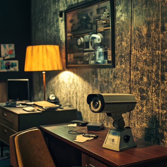 A Security Camera on a Desk in a Dark Room Stock Illustration ...