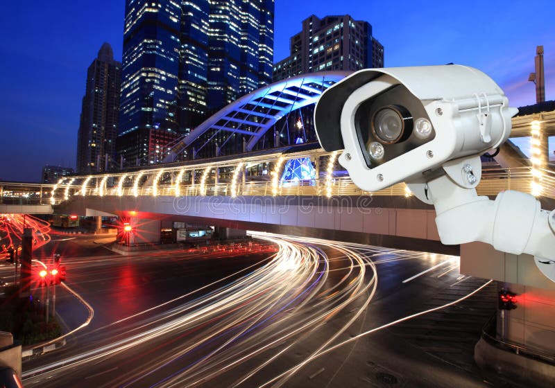 Security Camera Detects the Movement of Traffic. Skyscraper Roof Stock ...