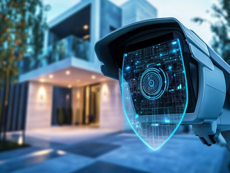 Security Camera with Digital Shield Protecting Modern Home Stock ...