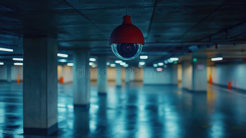 Security Camera in Empty Underground Parking Garage with Reflective ...