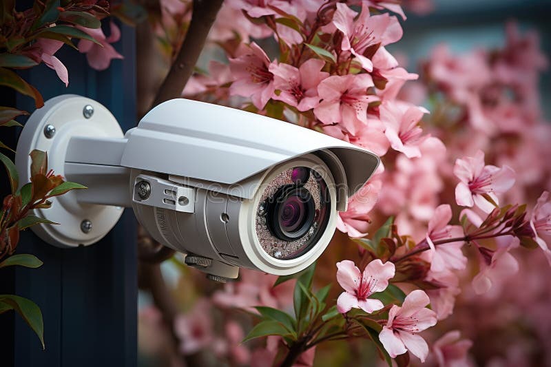 Security Camera in Front of House with Flowers in the Foreground Stock ...