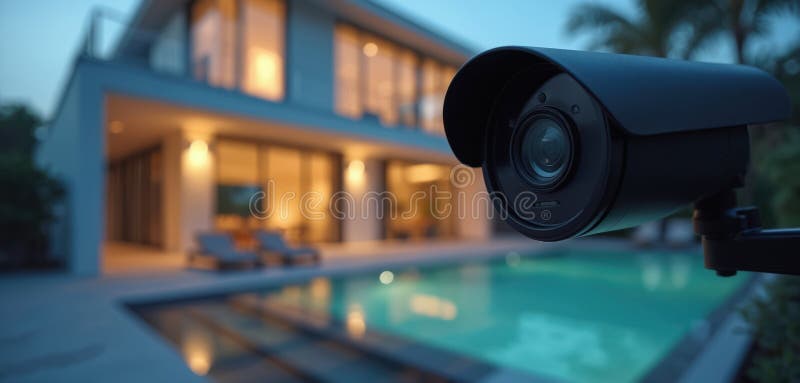 Security Camera in Front of Modern House and Swimming Pool at Dusk ...