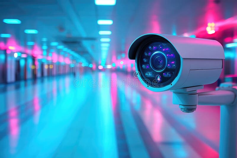 Modern CCTV Security Camera in Neon Lit Corridor Stock Illustration ...