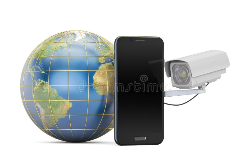 Security Camera with Globe Earth and Phone, 3D Rendering Stock ...